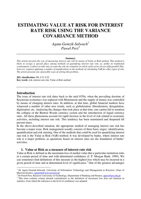 Pdf Estimating Value At Risk For Interest Rate Risk Using The Variance Covariance Method