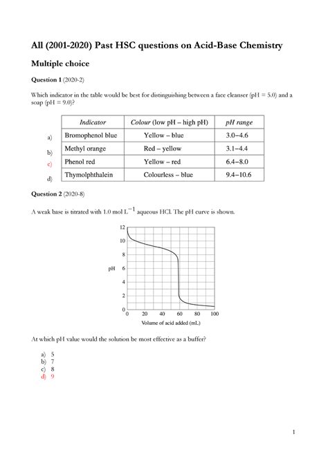 Past HSC Questions Mod CRIB All Past HSC Questions On Acid Base