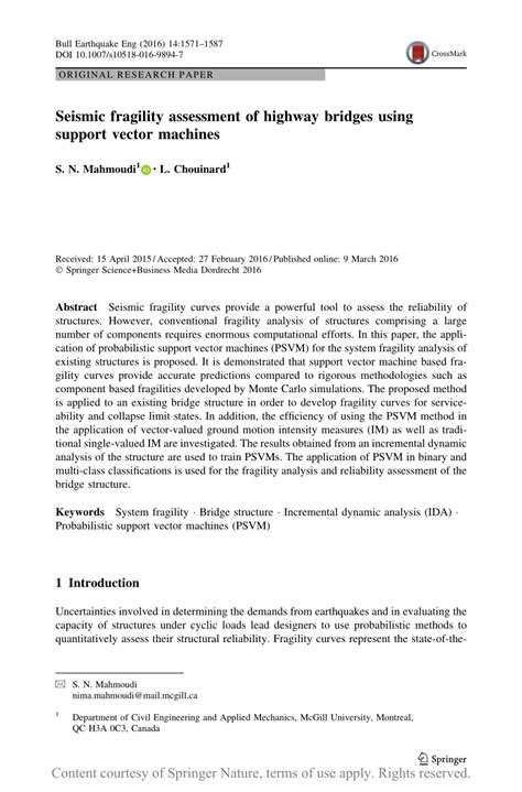 Seismic Fragility Assessment Of Highway Bridges Using Support Vector Machines Request Pdf