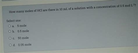 solved how many moles of hcl are there in 10 ml of a