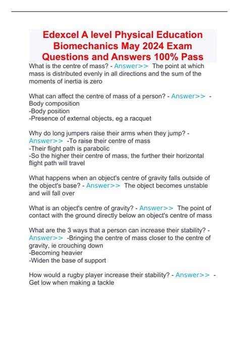 Edexcel A level Physical Education Biomechanics May 2024 Exam Questions and Answers 100% Pass ...
