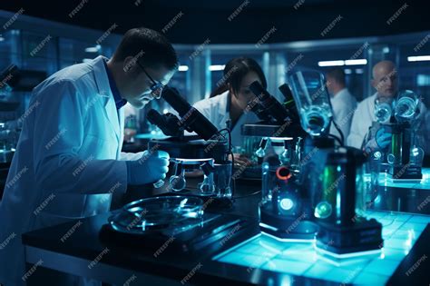 Premium Photo Biomedical Researchers Working With Microscopes Generative Ai