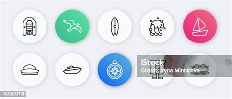 세트 라인 나침반 요트 요트 선원 모자 쌍안경 쓰나미 서핑 보드 항해 로프 매듭 및 스피드 보트 아이콘 벡터 가공의 인물에 대한 스톡 벡터 아트 및 기타 이미지 Istock