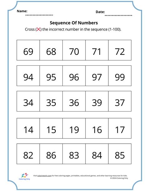 Sequence Of Numbers Free Printable Worksheet