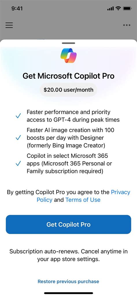 paywall and subscription ui from microsoft copilot ios app