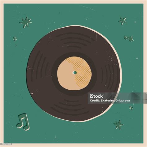 비닐 레코드 디스크가있는 재미있는 복고풍 스타일의 카드 디자인은 질감이있는 녹색 배경에 음악 노트와 별을 둘러 쌌습니다 손으로 그린 벡터 일러스트레이션 레코드 아날로그