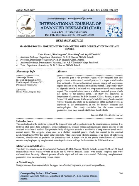 Mastoid Process Morphometric Parameters With Correlation To Side And
