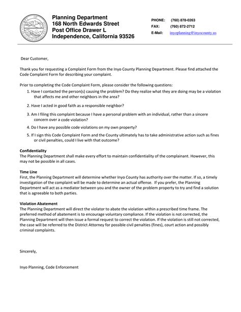 Inyo County California Code Enforcement Complaint Form Fill Out