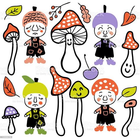 과일 그놈과 버섯 낙서 클립 아트 컬렉션 포스터 인사말 카드 티셔츠 스티커 및 인쇄에 적합합니다 장식 및 디자인을위한 격리 된 벡터 일러스트레이션 가을에 대한 스톡 벡터