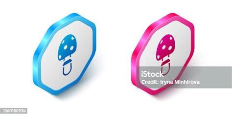 동위 원소 성 Amanita Muscaria 또는 흰색 배경에 고립 된 Agaric 환각 두꺼비 버섯 아이콘을 비행 발견 된 유독 버섯 육각 버튼 벡터 3차원 형태에 대한