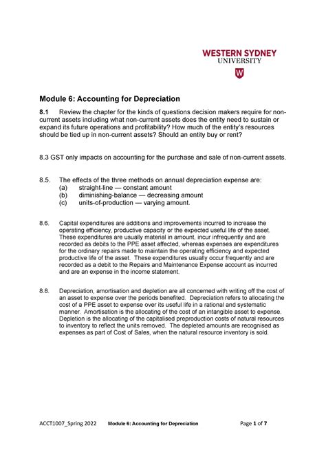 ACCT1007 Module 6 Solutions Spring 2022 Module 6 Accounting For Depreciation 8 Review The