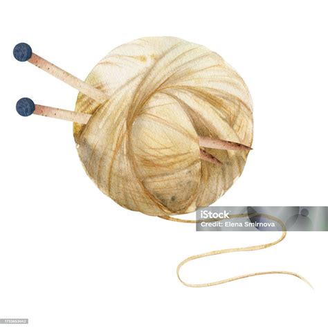 손으로 그린 수채화 그림 바늘이 달린 베이지색 원사 공 취미 뜨개질 수제 직조 천연 컬러 양모 흰색 배경에 분리된 구성 상점 로고 인쇄 종이 카드 0명에 대한 스톡 벡터