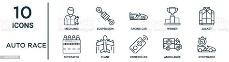 자동차 경주 개요 아이콘 세트에는 얇은 선 정비사 경주용 자동차 재킷 비행기 구급차 스톱워치 보고서 프레젠테이션 다이어그램 웹 디자인을 위한 관중 아이콘이 포함됩니다 관중에