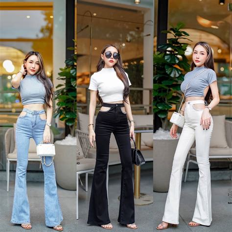 กางเกงยีนส์ขายาว เอวสูงขาม้า เว้าช่วงเอวแต่งโช่ Lux Jeans Thaipick