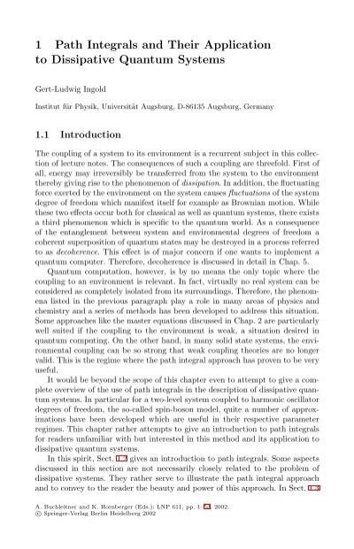 1 Path Integrals And Their Application To Dissipative Quantum Systems