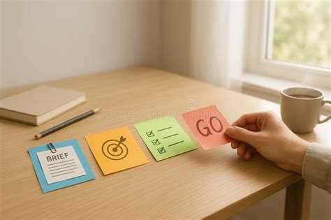 Creative Workflow Steps With Colorful Sticky Notes On A Wooden Desk Symbolizing Planning
