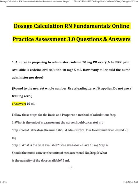Dosage Calculation Bundled Dosage Calculation Rn Fundamentals Online Practice Assessment 3 0