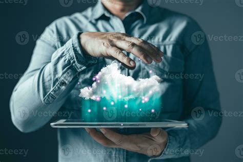 Man Hold Cloud Computing System Diagram Show On Handdata Storage