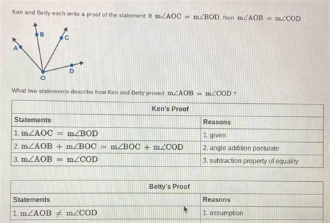 Ken And Betty Each Write A Proof Of The Statement If M∠ Aoc M∠ Bod Then M∠ Aob M∠ Cod [geometry]