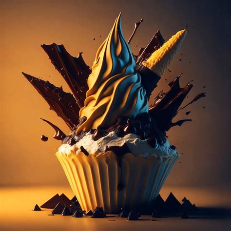 Premium Ai Image Delicious Splash Ice Cream Cone Design With Exploding And Liquify Chocolate