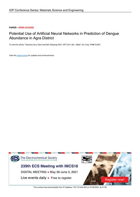 Pdf Potential Use Of Artificial Neural Networks In Prediction Of Dengue Abundance In Agra District