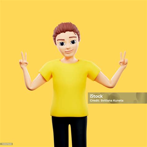 두 손가락을 위로 올리는 사람의 래스터 그림 노란 티셔츠를 입은 젊은 남자는 인사말 기호 두 손 미소 끓임 시원한 사인 십대 제스처 언어를 보여줍니다 비즈니스를위한 3d
