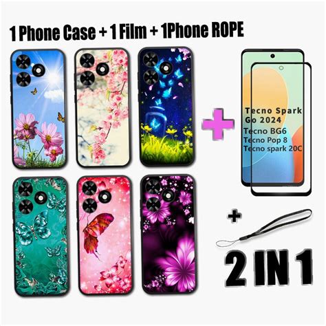 2 In 1 For Tecno Spark Go 2024 Bg6 Phone Case With Tempered Glass Ceramic Protector Screen
