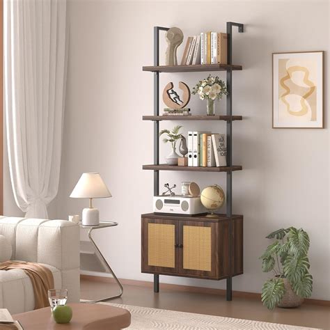 Airynee Ladder Bookshelf 4 Tier Book Shelf With Rattan
