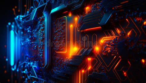 An Electronic Circuit Board With Glowing Orange And Blue Lights Generative Ai Stock