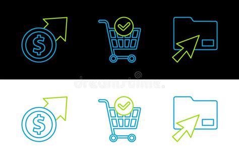 Set Line Cursor Click Document Folder Financial Growth And Coin And Shopping Cart With Check