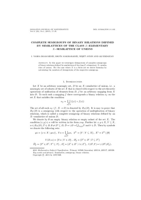Pdf Complete Semigroups Of Binary Relations Defined By Semilattices Of The Class ∑ 1 X 10