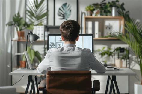 Modern Office With Indoor Plants And Man Working At Desk Featuring