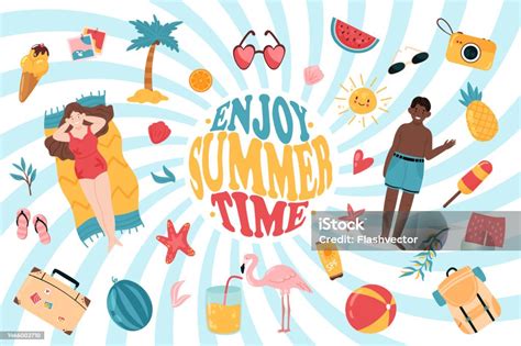 열대 낙원 요소가 있는 여름 해변 휴가 포스터 여름 시간 텍스트 즐기기 비브라폰에 대한 스톡 벡터 아트 및 기타 이미지 비브라폰 여름 일러스트레이션 Istock