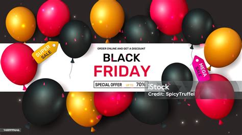 블랙 프라이데이 배너 사이버 먼데이 세일 포스터 빨간색과 황금색 풍선 색종이 테두리 3d 선물 장식 수평 레이아웃 텍스트를 위한 공간을 복사합니다 특별 제안 템플릿입니다