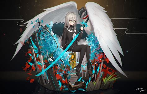 배경 화면 긴 머리 애니메이션 소녀들 노란 눈 안경 날개 무기 치마 검 복장 1920x1235