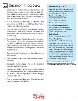 FractionsAdd And Subtract With Mixed Numbers Lesson Plan TPT