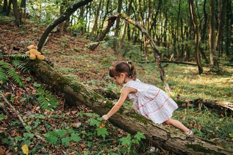 La Ni A Con Una Mu Eca Se Coloca En El Remolque Viejo En El Bosque Foto De Archivo Imagen De