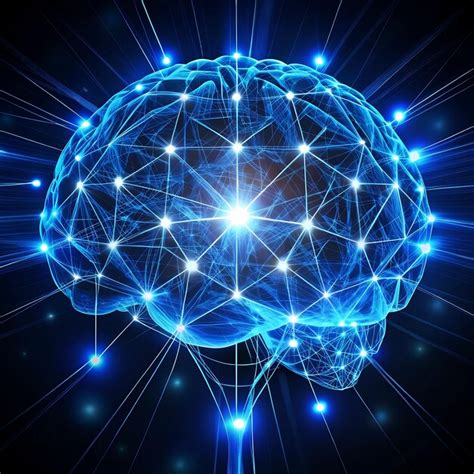 Glowing Blue Neon Digital Illustration Of Human Brain With Intricate