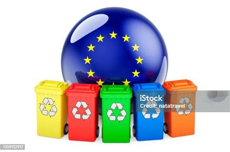 유럽 연합 의 폐기물 재활용 Eu 플래그가 있는 컬러 재활용 쓰레기통 3d 렌더링 0명에 대한 스톡 사진 및 기타 이미지 Istock