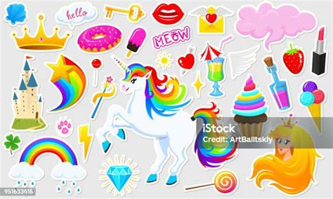 설정의 여자 패션 귀여운 패치 스티커 배지 및 핀 재미 컬렉션의 다른 요소입니다 공주와 유니콘 입술과 조랑말 무지개 그리고 과자 벡터 세련 된 그림 0명에 대한 스톡 벡터