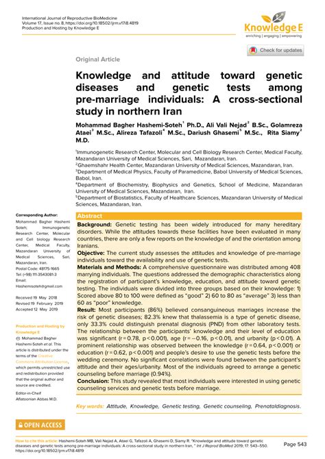 Pdf Knowledge And Attitude Toward Genetic Diseases And Genetic Tests Among Pre Marriage
