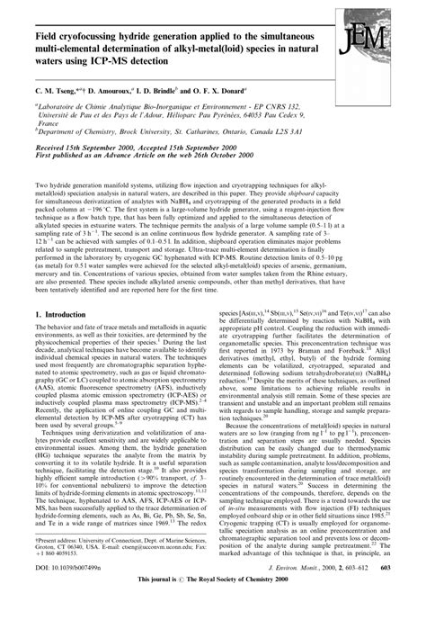 Pdf Field Cryofocussing Hydride Generation Applied To The