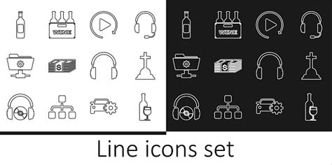 세트 라인 유리 묘비 십자가 비디오 재생 버튼 지폐 달러 현금 Ftp 설정 폴더 와인 한 병 헤드폰 및 병 상자 아이콘과 와인 병 벡터 0명에 대한 스톡 벡터 아트 및 기타