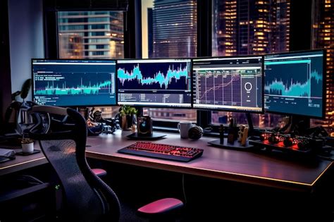 Premium Photo Desk With Three Computer Monitors And Keyboard On It In Front Of Cityscape