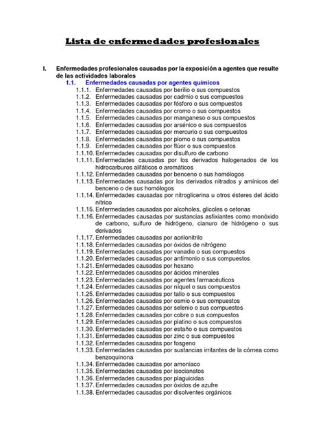 Lista De Enfermedades Profesionales Pdf Benceno Sustancias Químicas