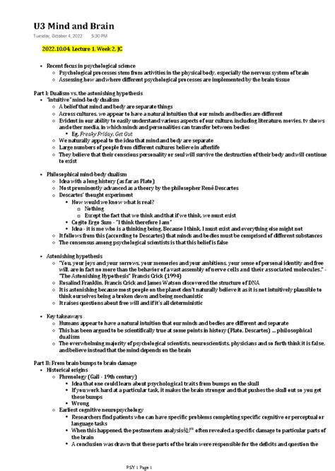 Psy 1 221004 Detailed Lecture Notes With Visualization Great For Reviewing Class Materials