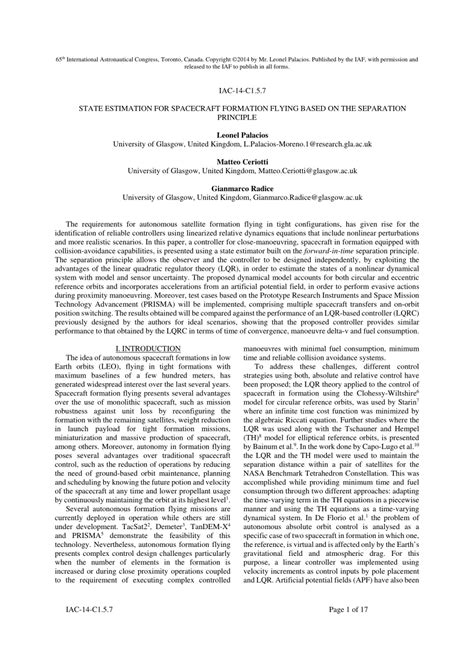 Pdf State Estimation For Spacecraft Formation Flying Based On The
