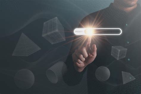 3d 홀로그램 구 실린더 삼각형 큐브 모양 인공 지능 개념 Chatbot으로 텍스트 상자를 만지는 사업가 이미지 생성 프리미엄 사진