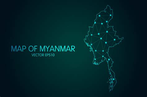 미얀마지도 어두운 그라데이션 배경에 빛나는 점과 선 비늘 3d 메쉬 다각형 네트워크 연결 0명에 대한 스톡 벡터 아트 및 기타 이미지 Istock