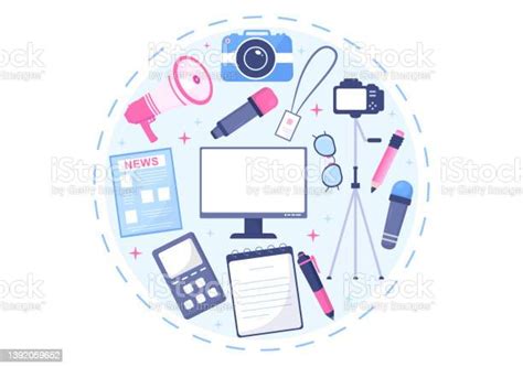 플랫 스타일 만화 일러스트레이션의 장비 뉴스 마이크 기자 및 인터뷰 스피치 미디어 이벤트가있는 저널리즘 또는 소셜 방송 Bullet Journal에 대한 스톡 벡터 아트 및
